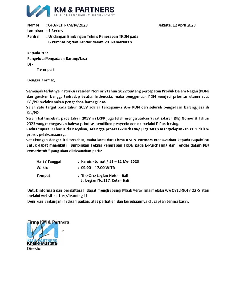 Surat Undangan Bimtek Penerapan TKDN Pada E-Purchasing Dan Tender Dalam ...
