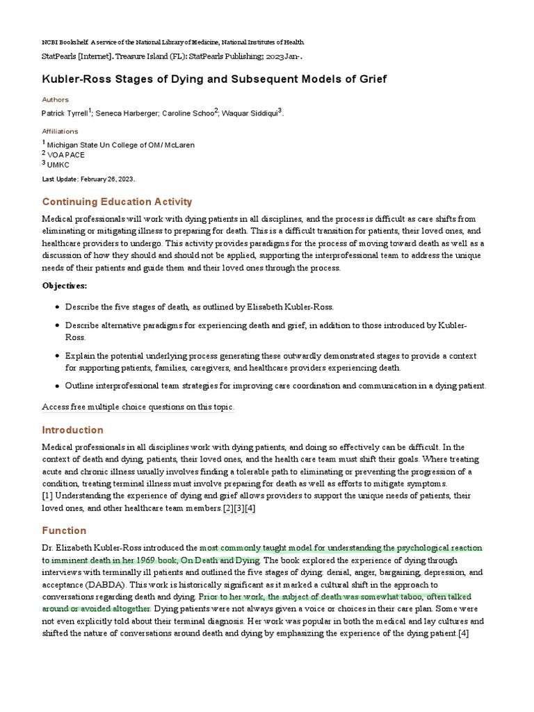 Kubler-Ross Stages of Dying and Subsequent Models of Grief - StatPearls ...