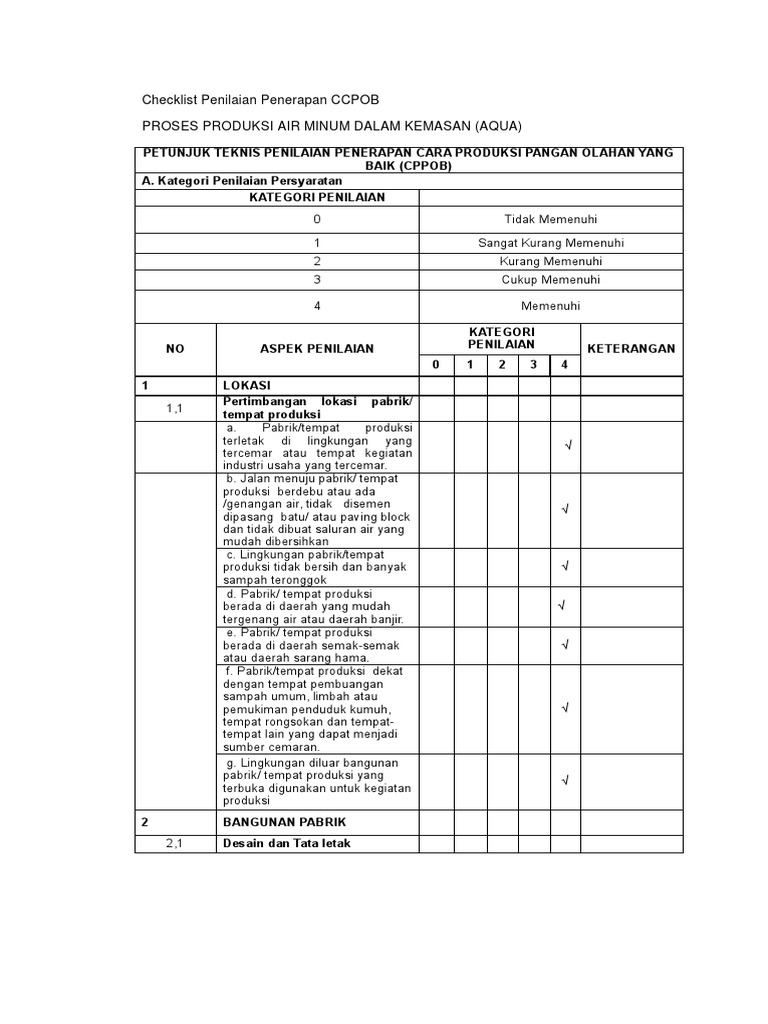 Checklist Penilaian Penerapan CPPOB | PDF