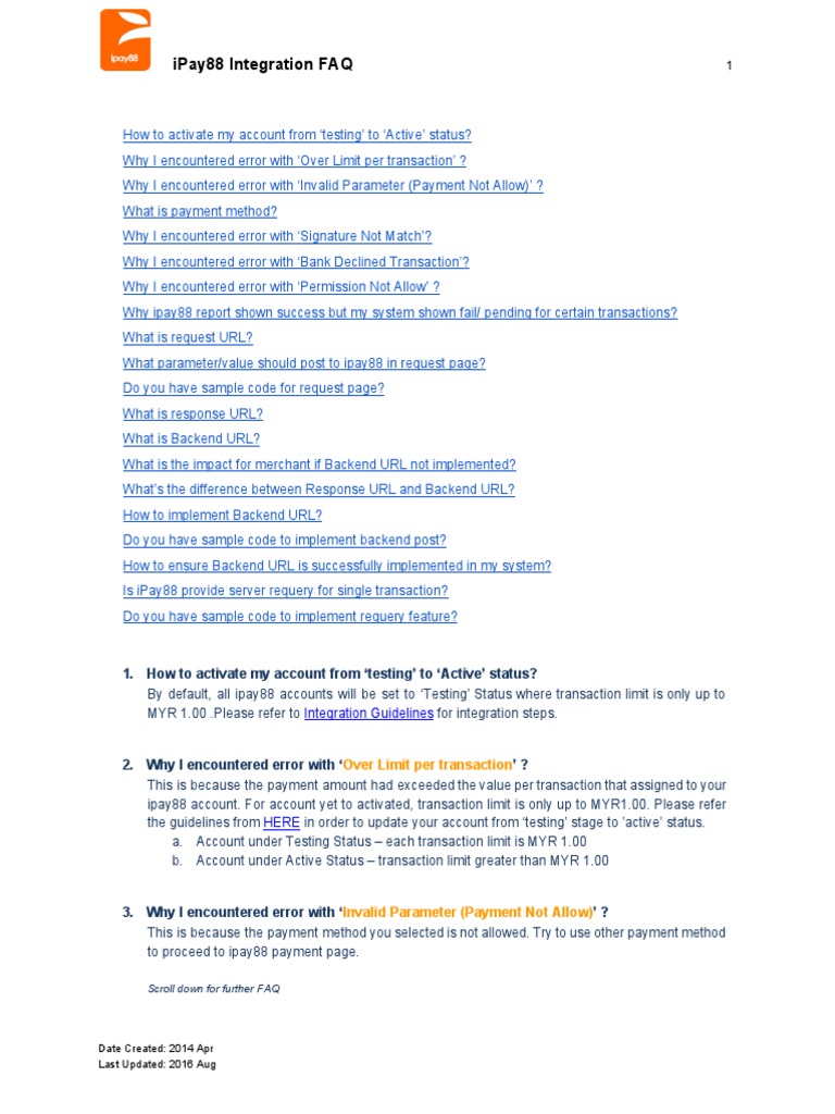 Ipay88 Integration FAQ | PDF