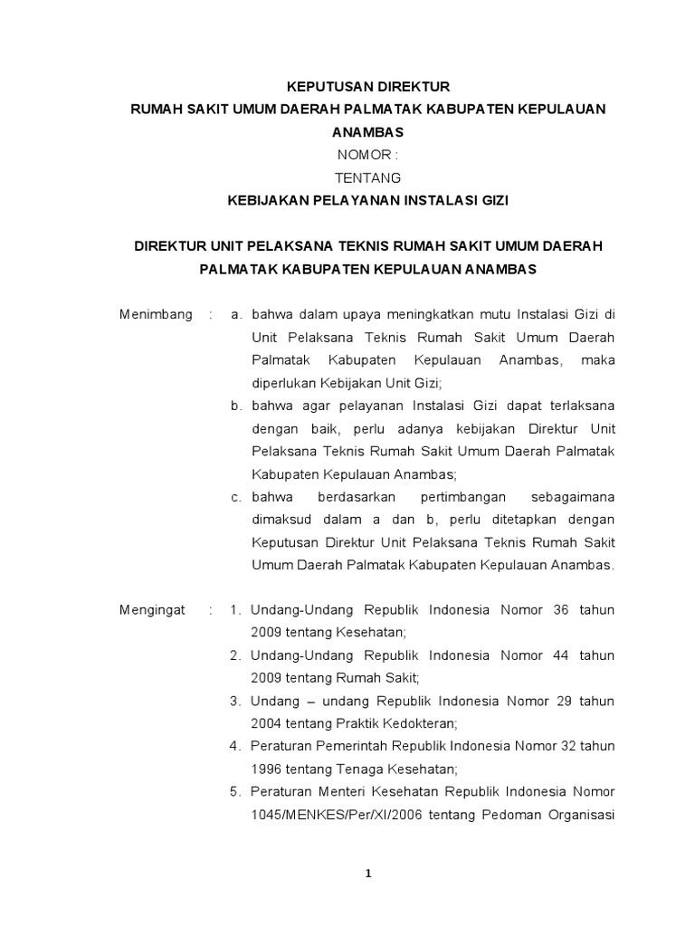 Kebijakan Instalasi Gizi | PDF