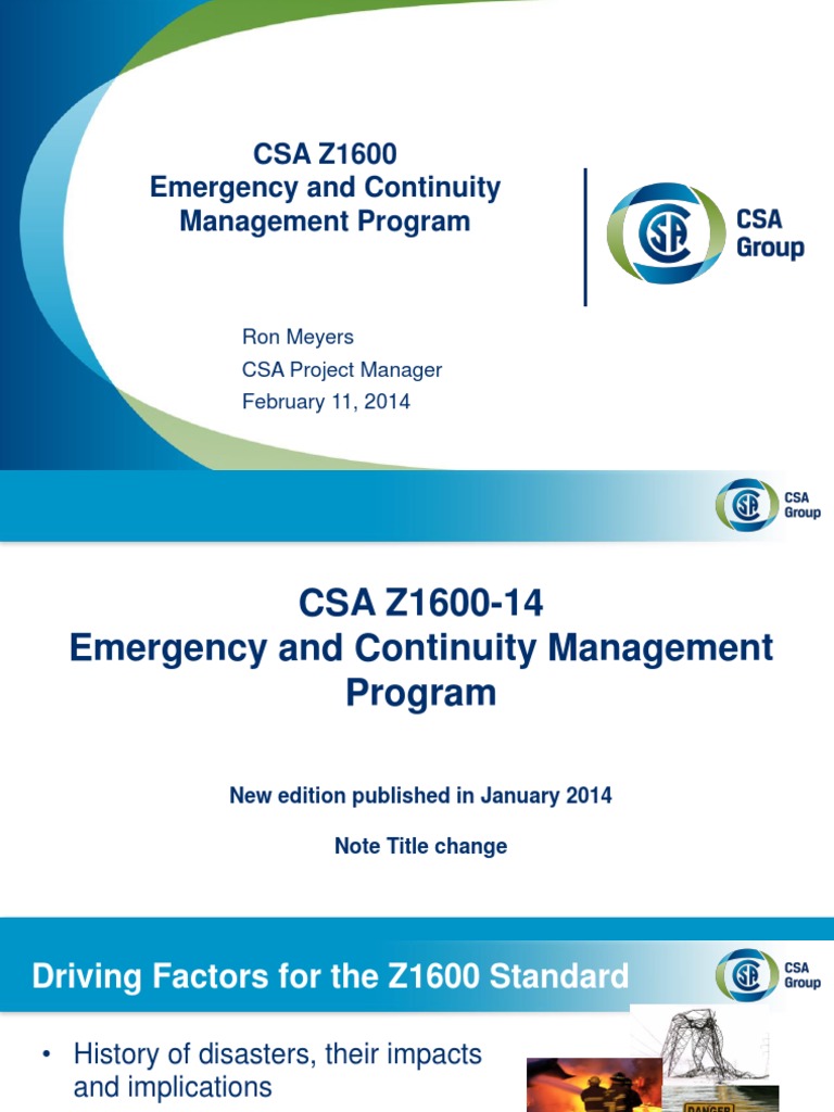 Csa z1600 Emergency and Continuity Management Program - Ron Meyers ...