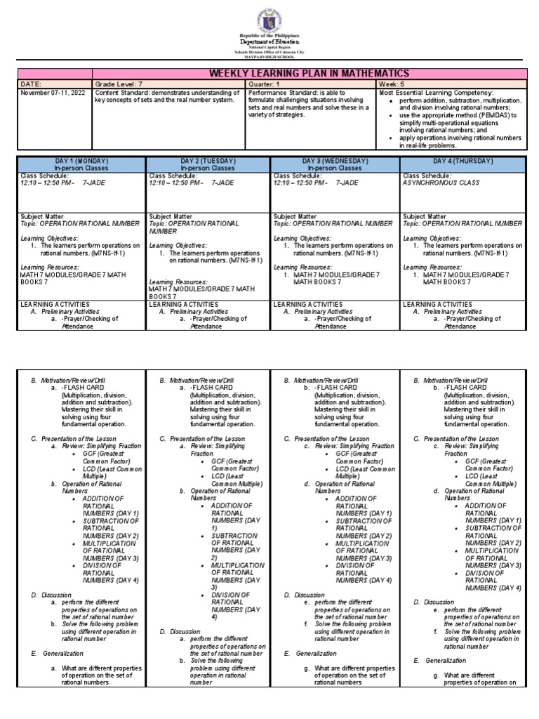 WHLP Math 7 Q1 W5 | PDF | Learning | Mathematics