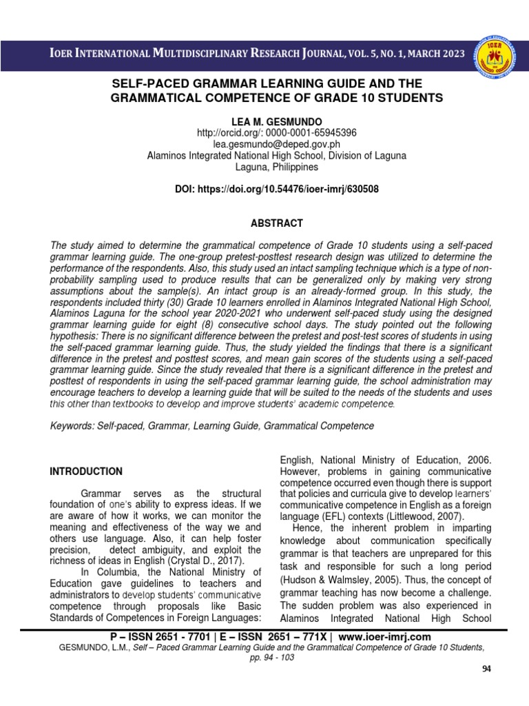 Self - Paced Grammar Learning Guide and The Grammatical Competence of ...