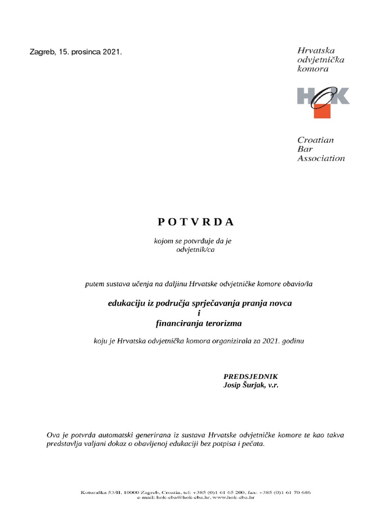 Potvrda o Obavljenoj Edukaciji | PDF