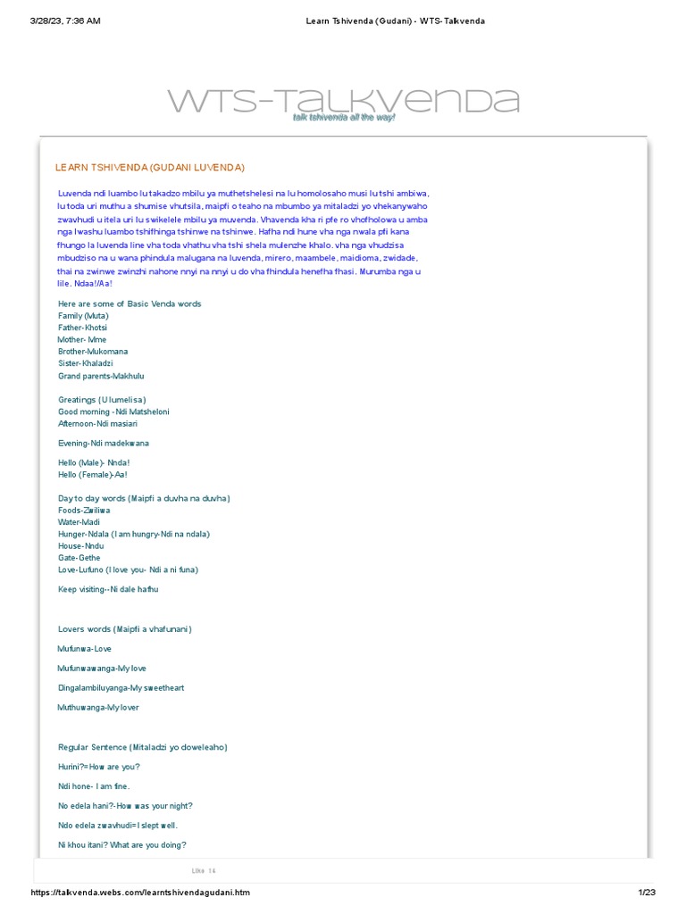 Learn Tshivenda (Gudani) - WTS-Talkvenda | PDF | Language Arts & Discipline