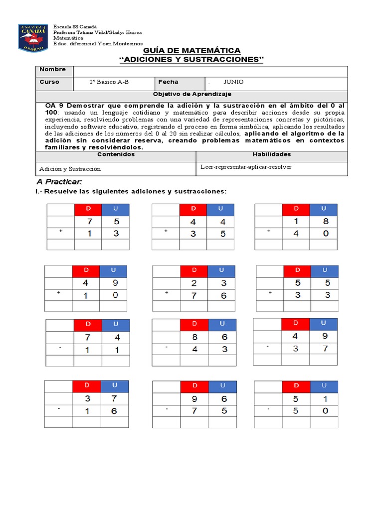 Guía de Matemáticas: Sumas y Restas 2° Básico | PDF