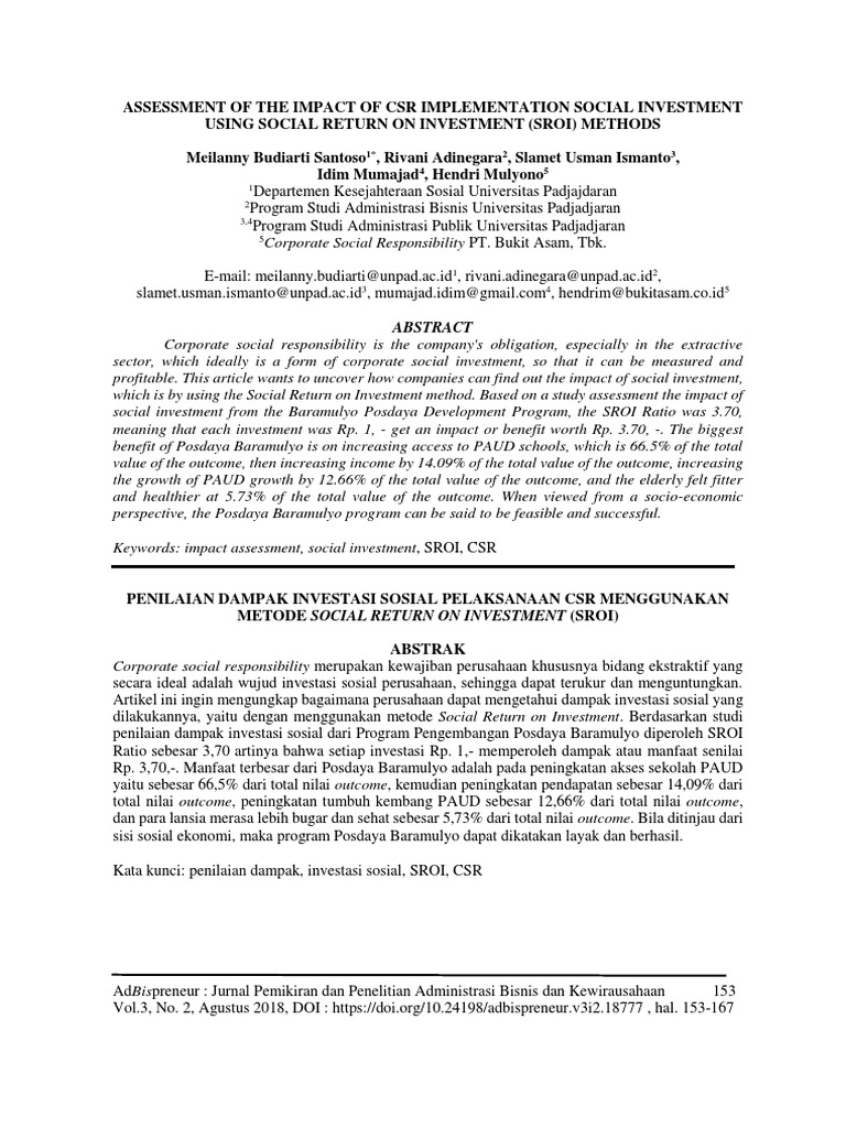 Assessment of The Impact of CSR Implementation Social Investment Using Social Return On ...