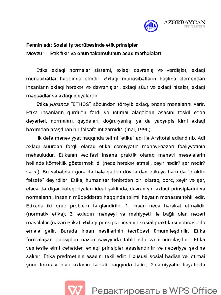 Etik Fikir VƏ Onun Təkamülünün Əsas Mərhələləri | PDF