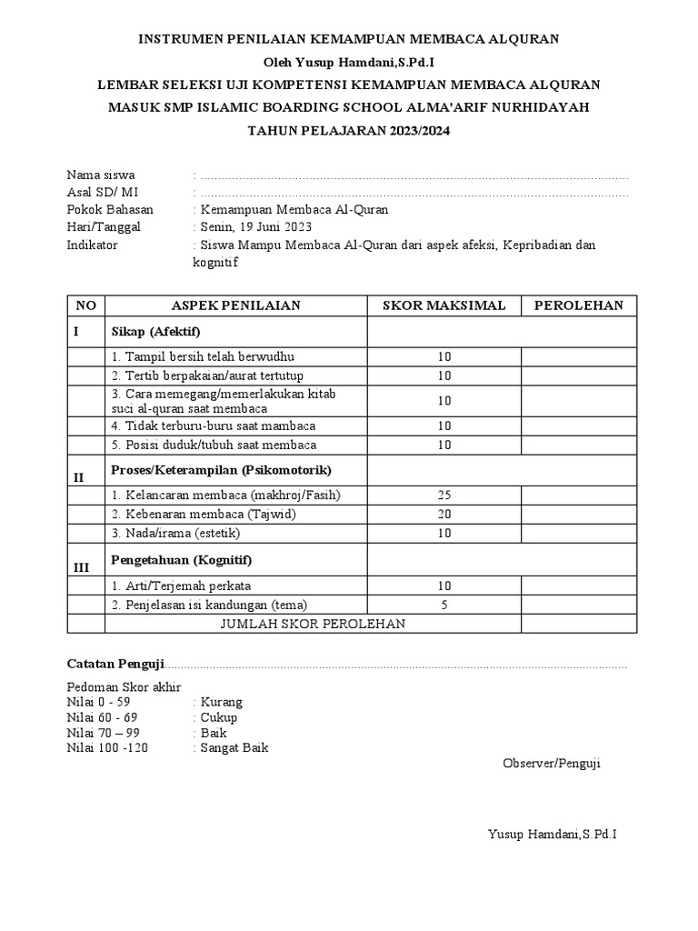 Instrumen Penilaian Kemampuan Membaca Alquran | PDF Instrumen Penilaian Kemampuan Membaca Alquran | PDF