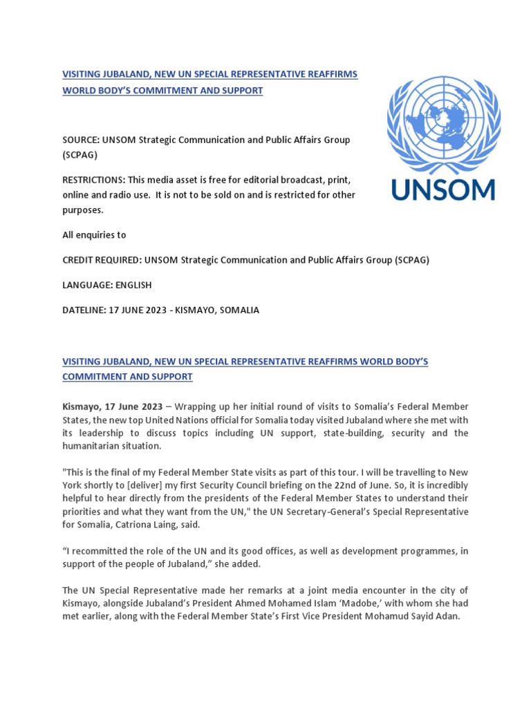English Article-Visiting Jubaland, New Un Special Representative Reaffirms World Body's ...