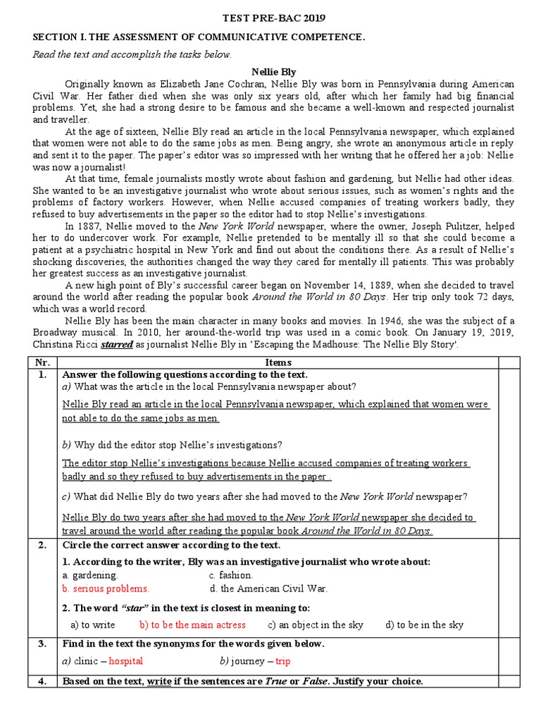Test 2019 (2) - Nellie Bly | PDF | Social Science