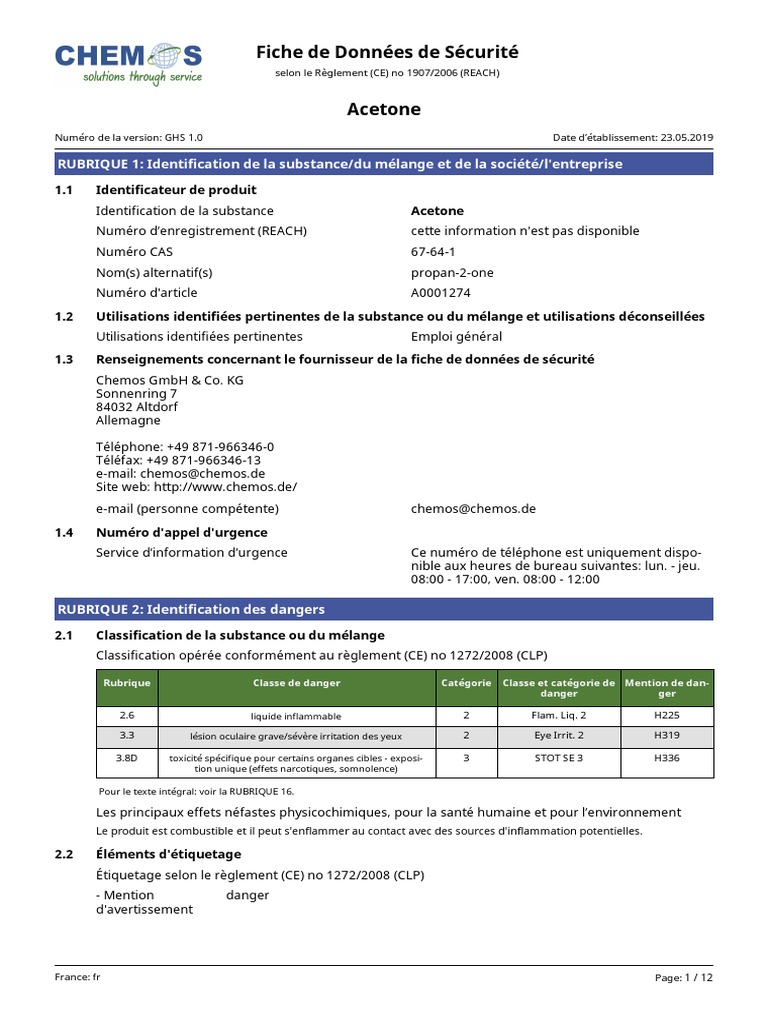 Fiche de Données de Sécurité Acetone: RUBRIQUE 1: Identification de La ...
