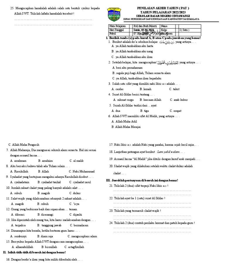 4. SOAL PAI KELAS 1 | PDF