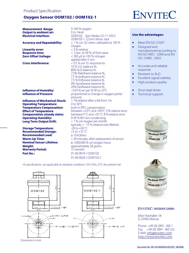 OOM102 Oxygen Sensor Specifications | PDF | Electricity | Physical Sciences