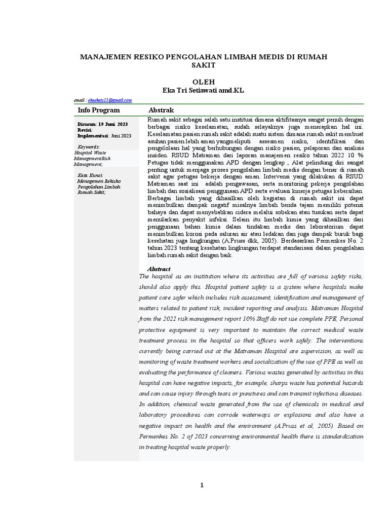 Manjemen Resiko Pengolahan Limbah Medis Rumah Sakit Fix | PDF | Sains & Matematika