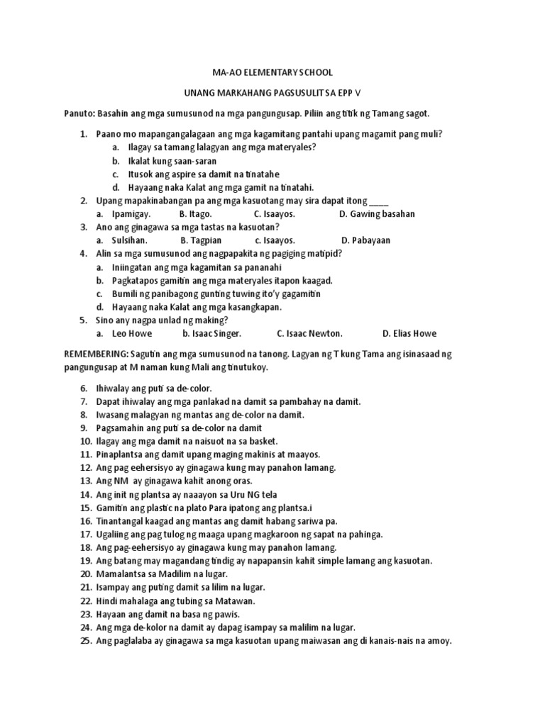 1st Periodical Exam EPP V | PDF