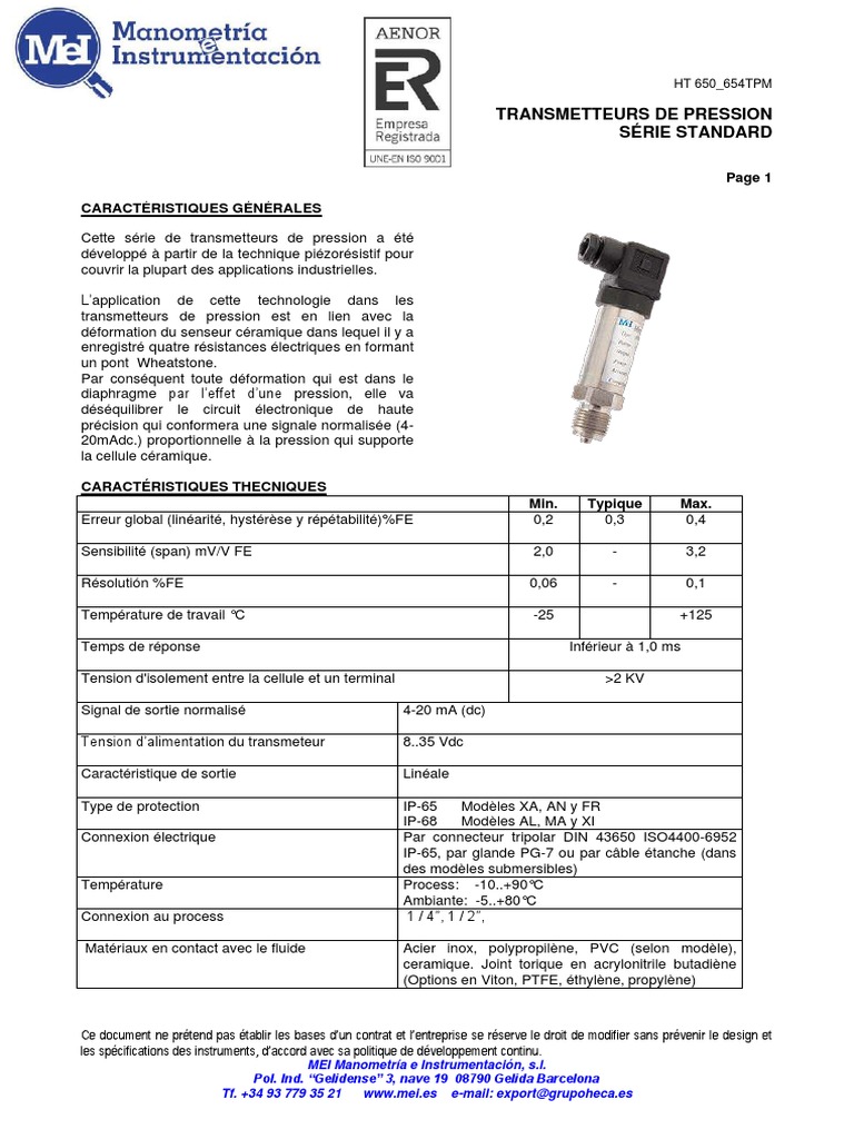 Fiche Technique Transmetteur de Pression Cod 650 654 | PDF