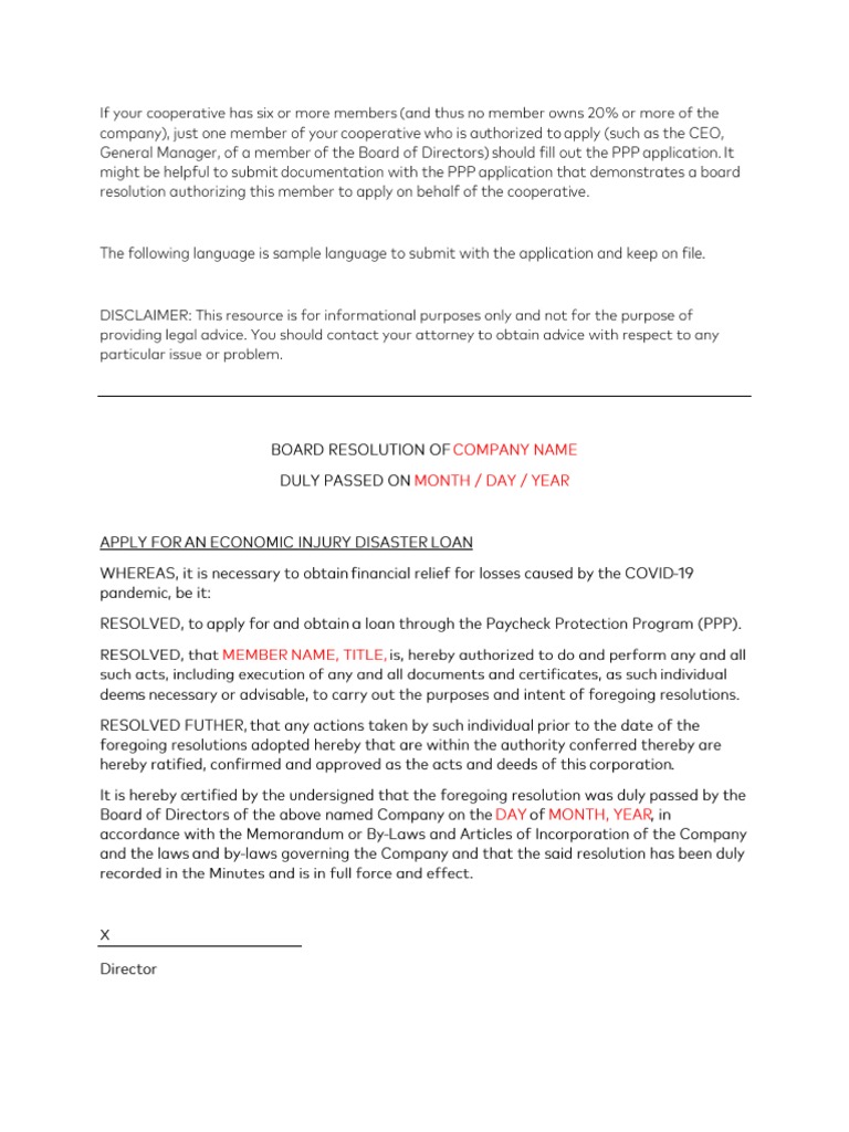 Sample Resolution Authorizing Coop Member To Apply For PPP | PDF