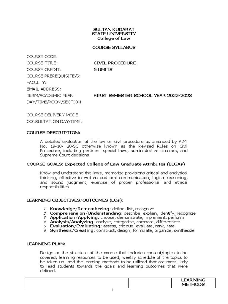 Civil Procedure Syllabus (2022 2023) | PDF | Pleading | Default Judgment