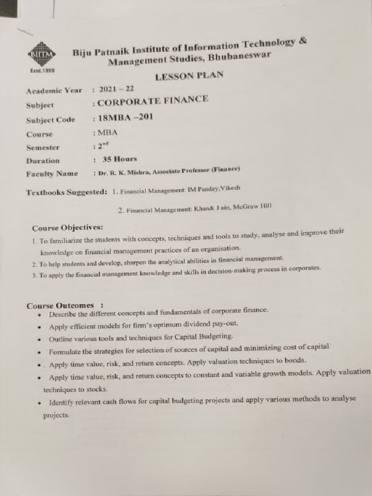 Corporate Finance Lesson Plan | PDF
