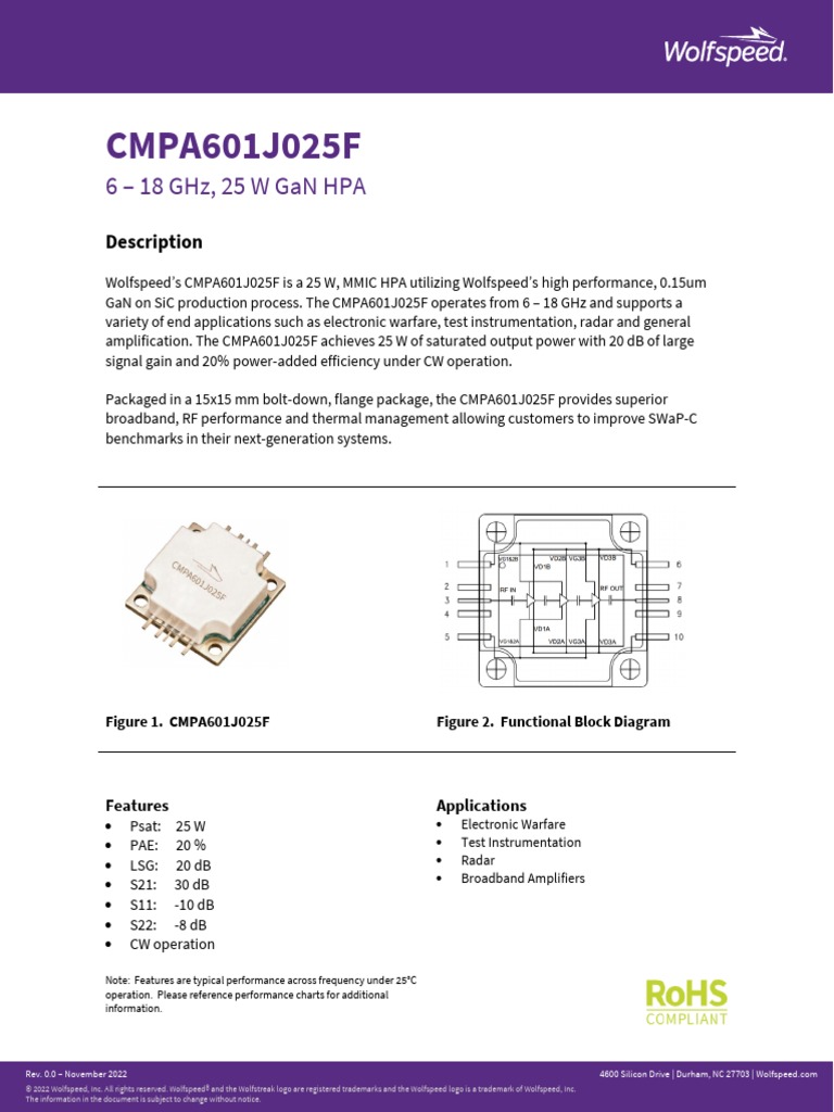 Wolfspeed CMPA601J025F Data Sheet | PDF | Amplifier | Electrical Engineering