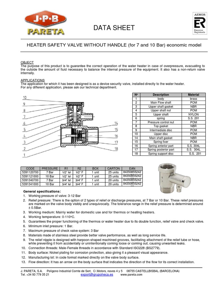 Technical Data Sheet Heater Safety Valve Without Handle Economic Model ...