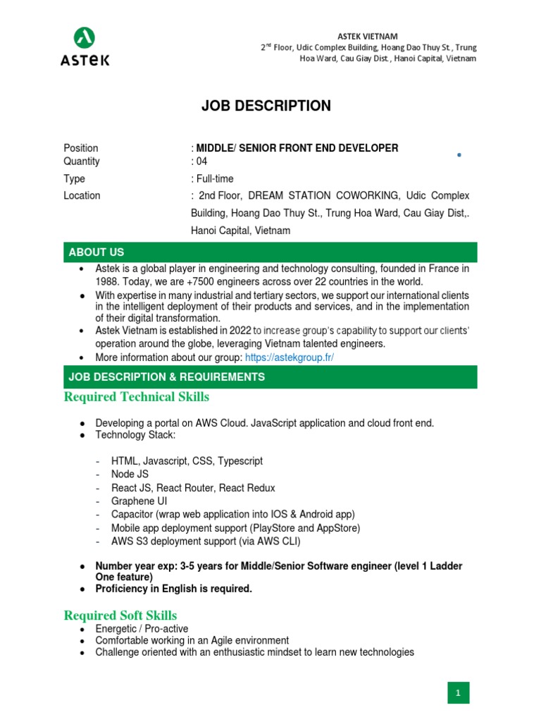 (Astek JD) - SENIOR FRONTEND DEVELOPER - HANOI | PDF