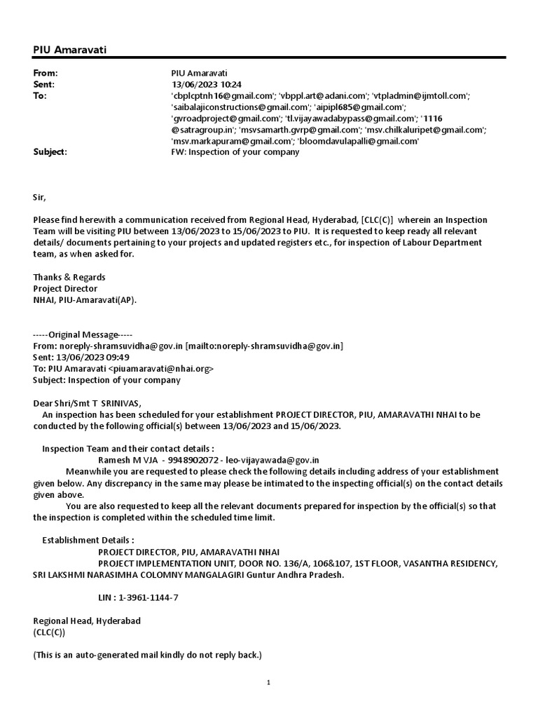 Inspection of Labour Department in PIU | PDF