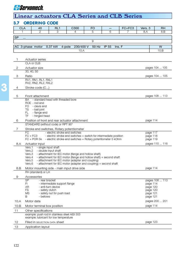 SERVOMECH Mechanical Linear Actuators CLA CLB Series Ordering Code | PDF | Actuator | Machines