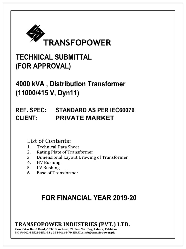 4000kVA Technical Submittal IEC76 | PDF | Transformer | Equipment