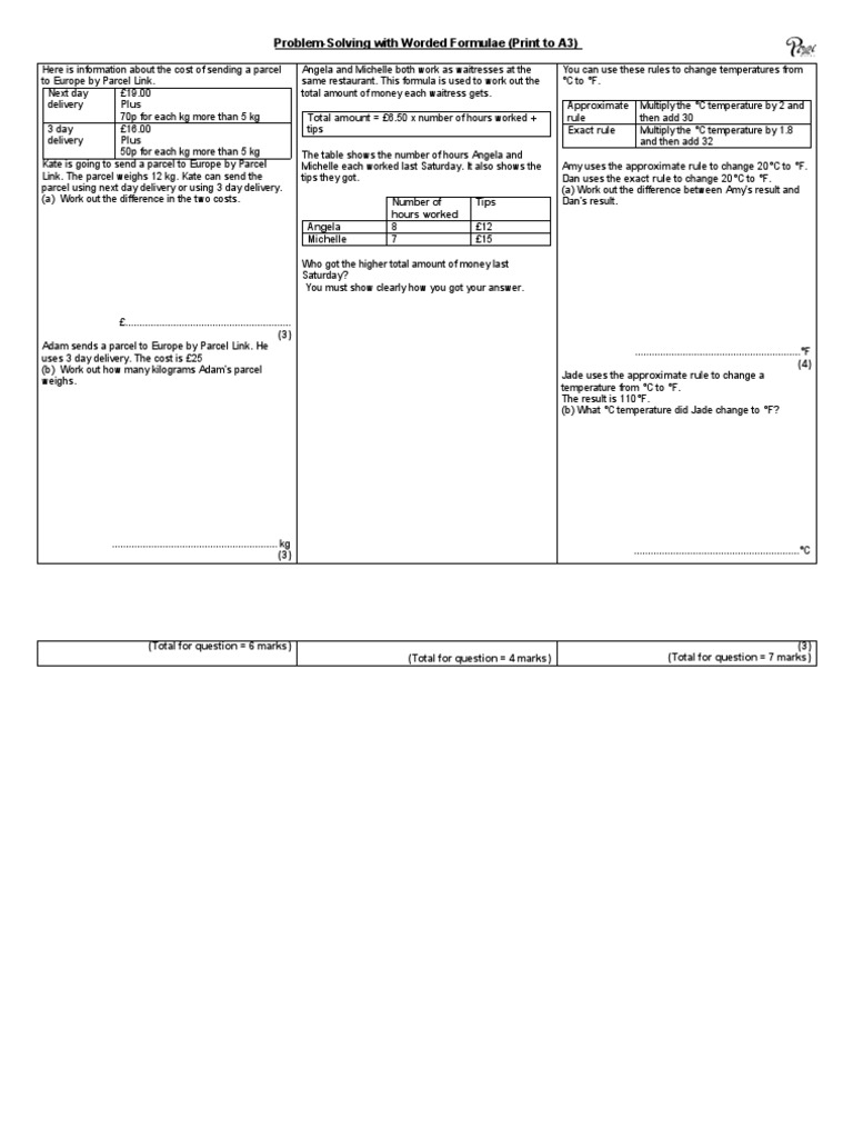 Problem Solving With Worded Formulae | PDF