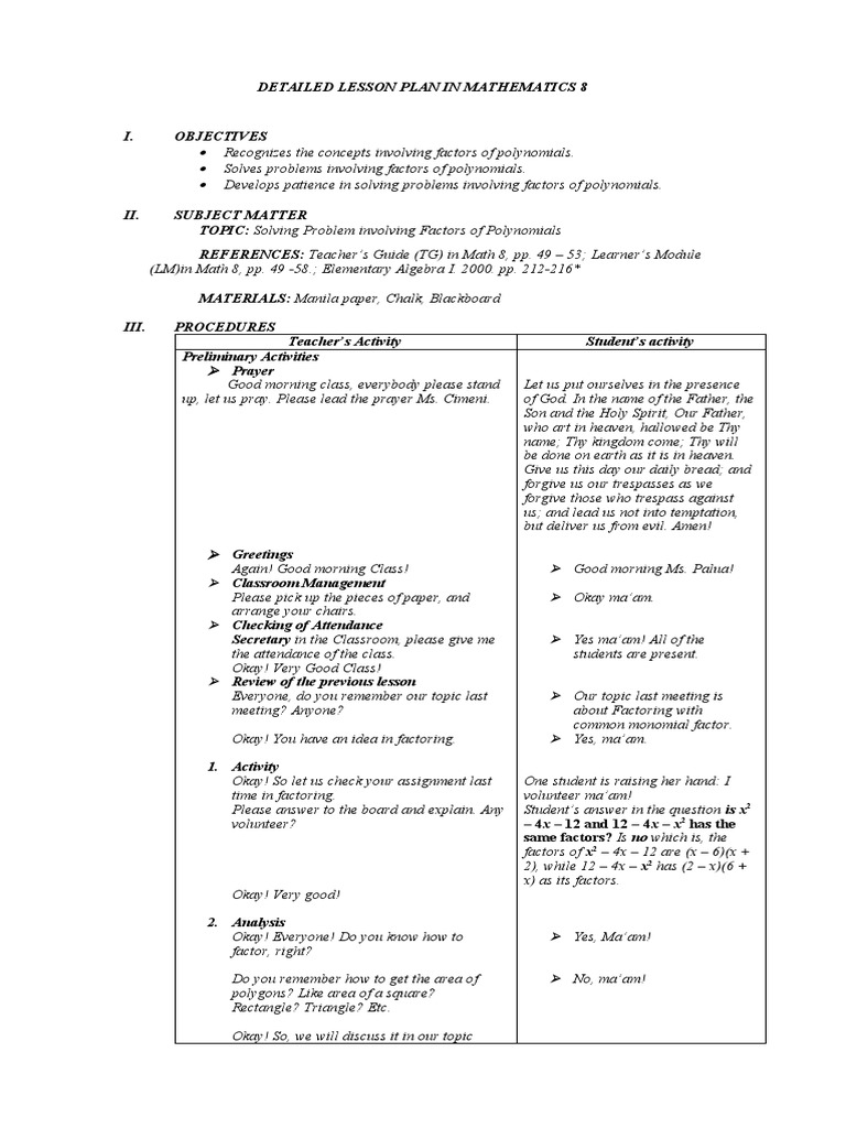 Detailed Lesson Plan in Mathematics 8 | PDF | Area | Factorization