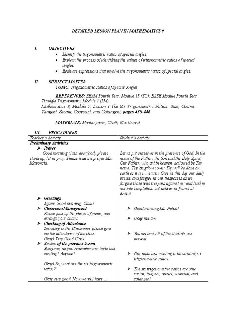 Detailed Lesson Plan in Mathematics 9 | PDF | Trigonometric Functions ...
