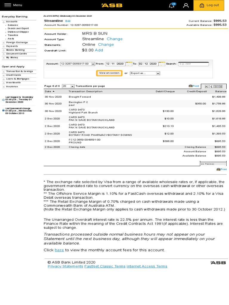 ASB FastNet Statements | PDF | Overdraft | Debit Card