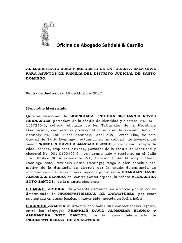 Conclisiones de Divircio Por Incompatibilidad David Almanzar 2022 | PDF ...