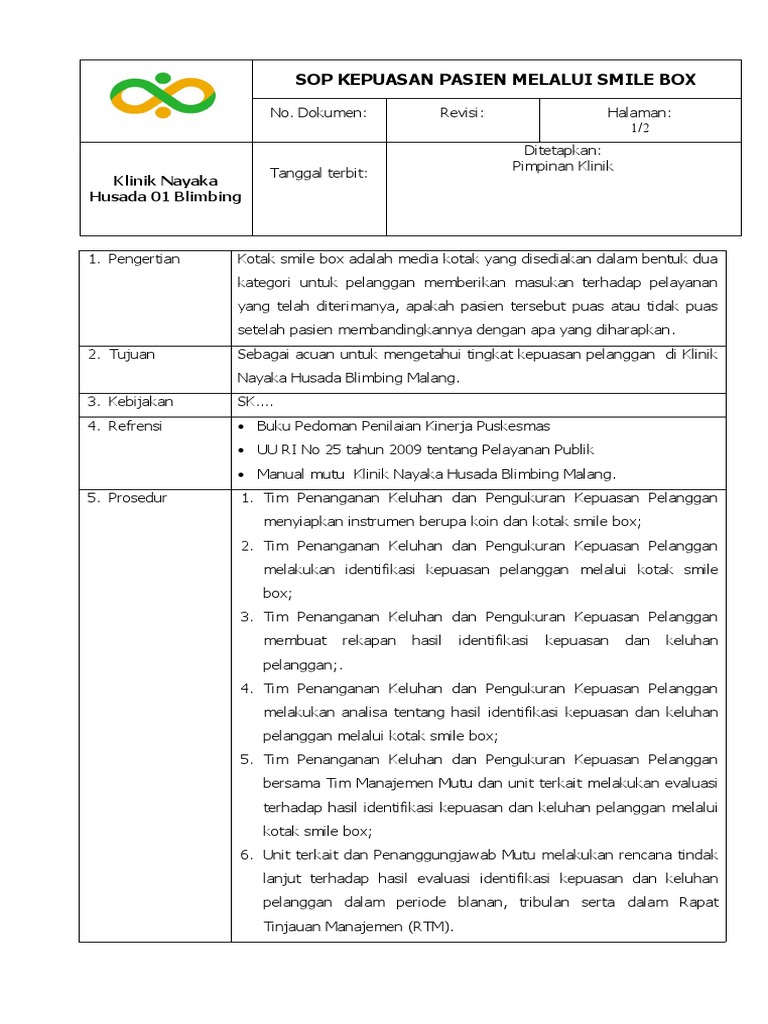 SOP Kepuasan Pasien dengan Smile Box | PDF | Pengelolaan Keuangan & Uang