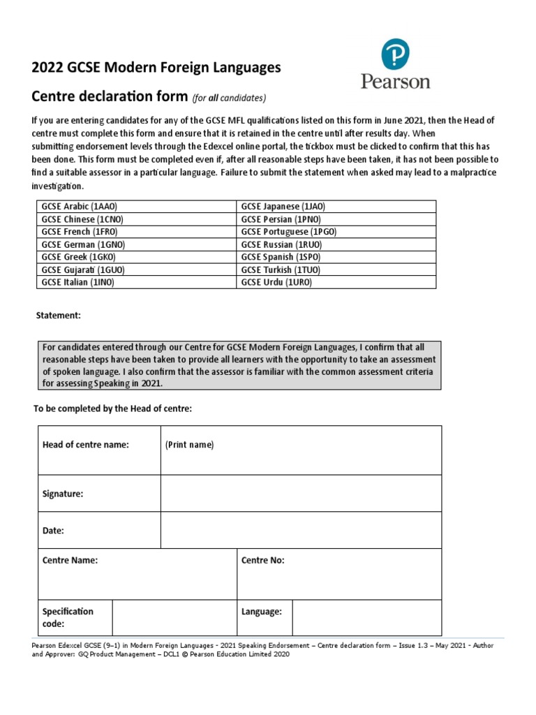 Speaking Endorsement Centre Declaration Form 2021 | PDF