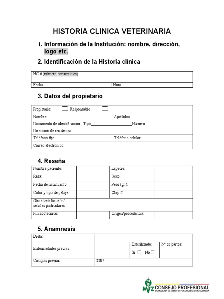 Formato de Historia Clínica Veterinaria | PDF | Examen físico | Diagnostico medico