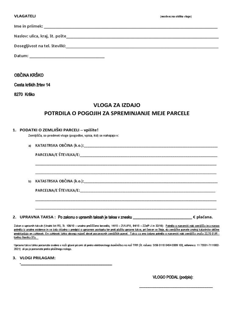 Vloga Za Izdajo Potrdila O Pogojih Za Spreminjanje Meje Parcele | PDF