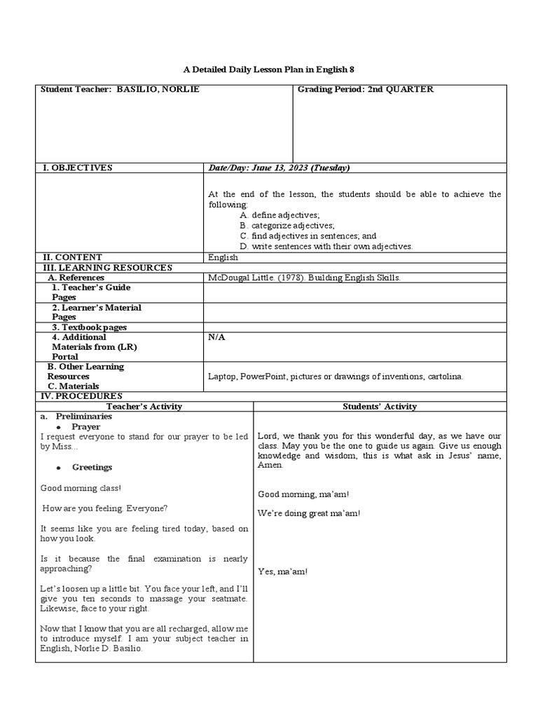 A Detailed Daily Lesson Plan in English 8 | PDF | Adjective | Pronoun