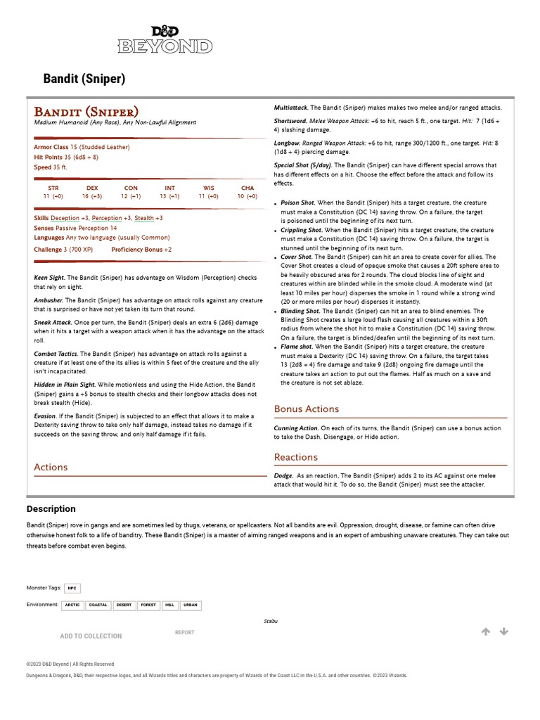 Bandit (Sniper) - Monsters - Homebrew - D&D Beyond | PDF | Sniper ...