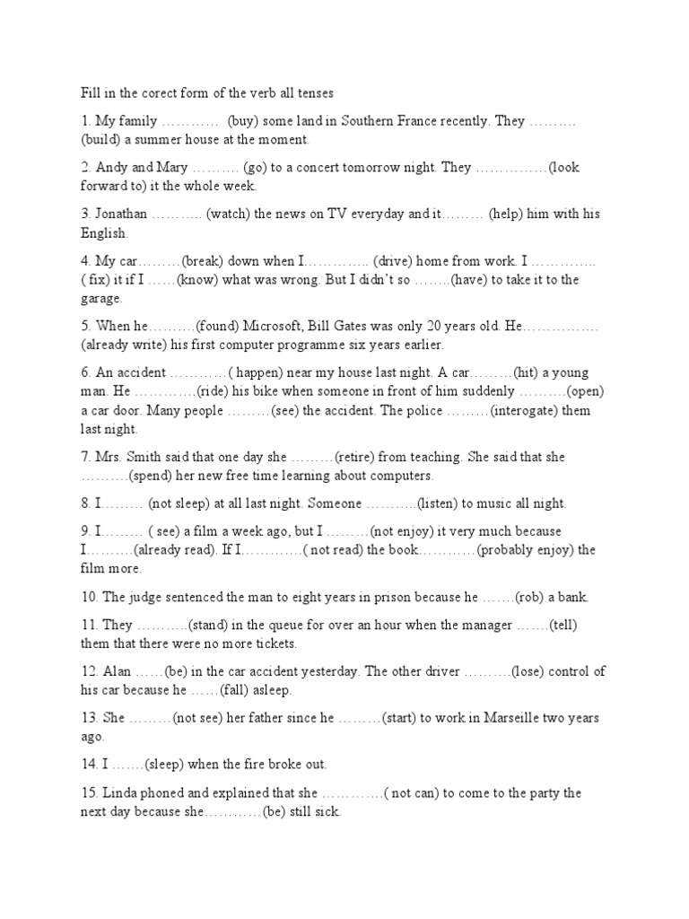Fill in The Corect Form of The Verb All Tenses | PDF