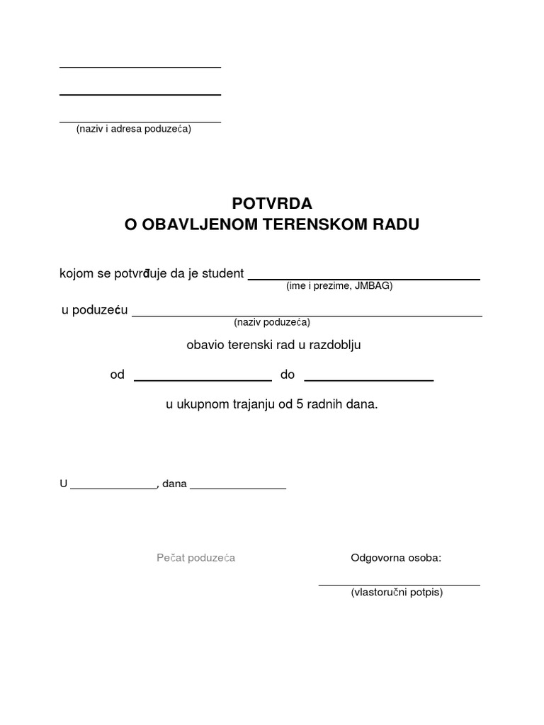 Potvrda o Obavljenom Terenskom Radu | PDF
