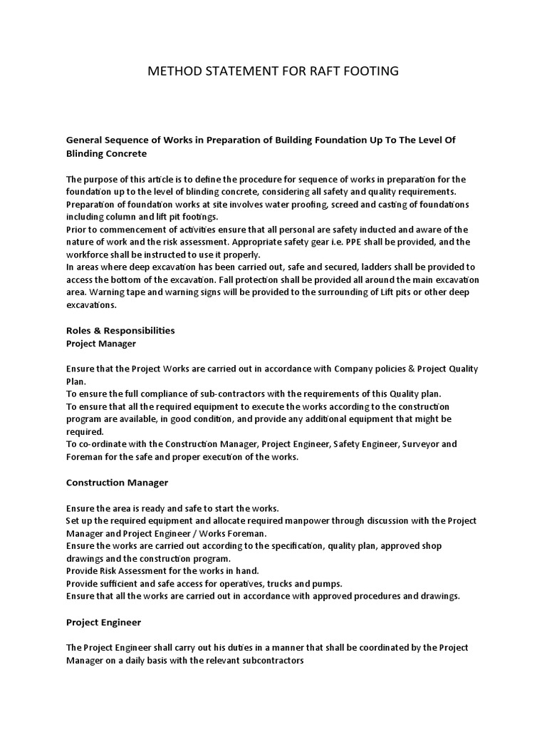Method Statement For Raft Footing | PDF | Concrete | Building Engineering