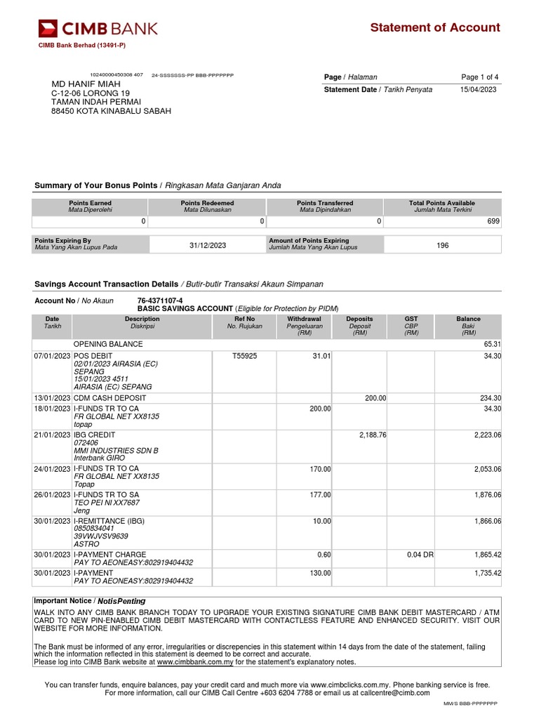 Statement of Account: MD Hanif Miah | PDF | Debit Card | Banks