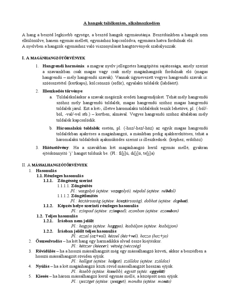 A Hangok Találkozása Hangtörvények | PDF
