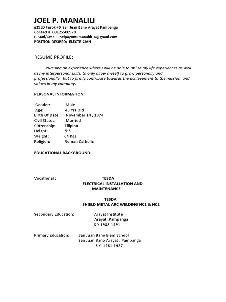 Resume Joel | Download Free PDF | Electrical Wiring | Electrician