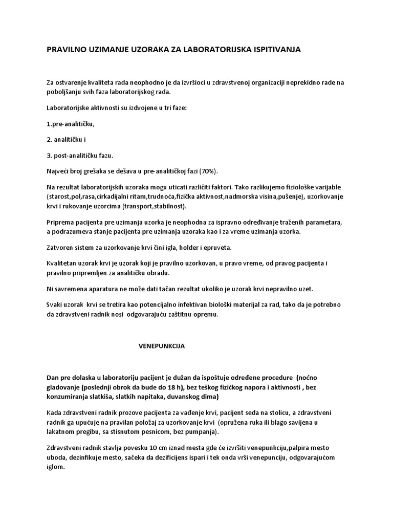 Pravilno Uzimanje Uzoraka Za Laboratorijska Ispitivanja | PDF