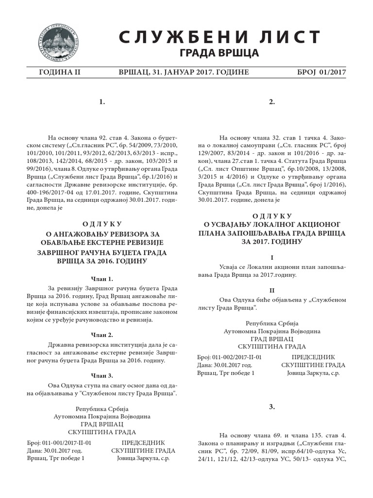 Sluzbeni List Grada Vršca BR 01-2017 | PDF